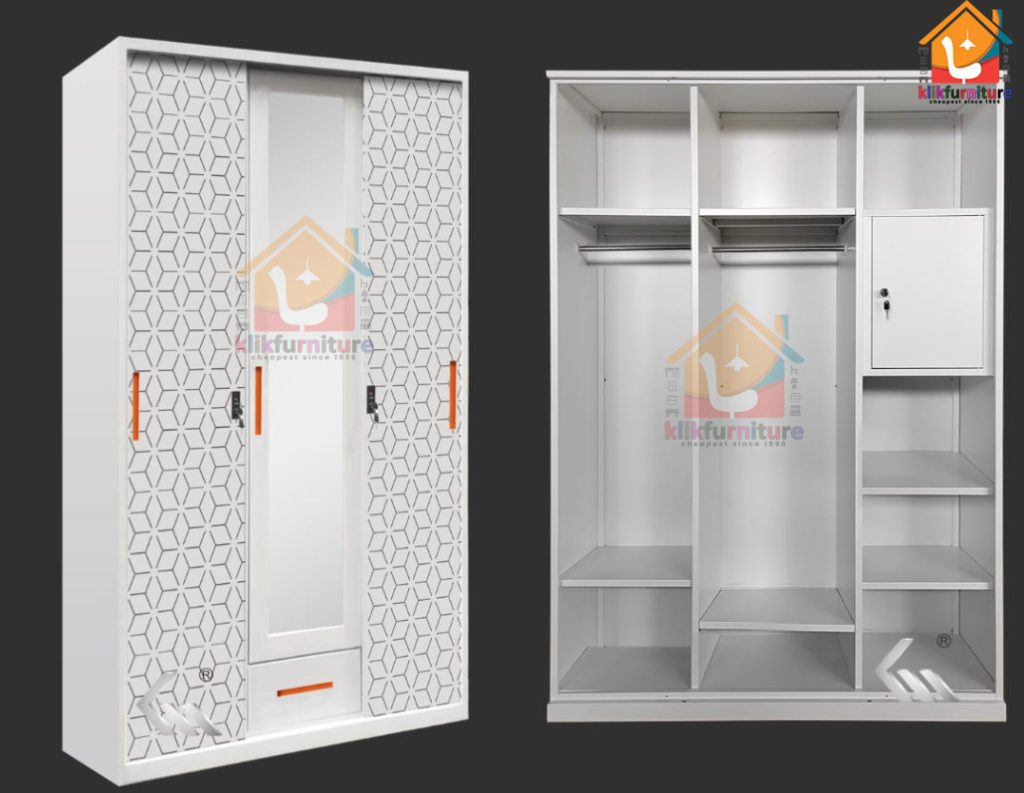 Lemari Pakaian Besi 3 Pintu Sliding VECTOR 3P + Cermin Laci - Official Pusat Furniture Online ...