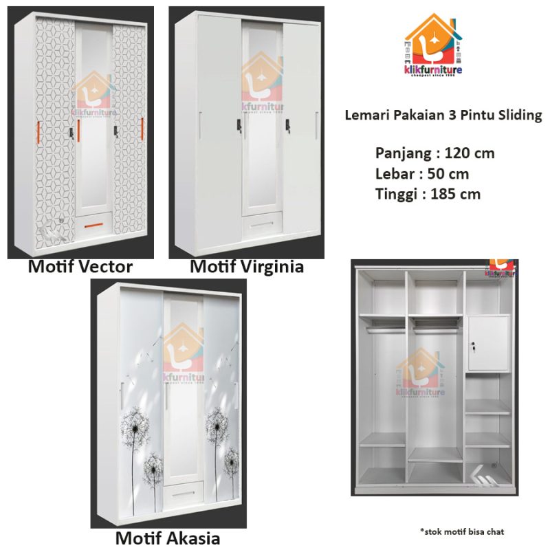 Lemari Pakaian Besi 3 Pintu Sliding VECTOR 3P + Cermin Laci - Official ...