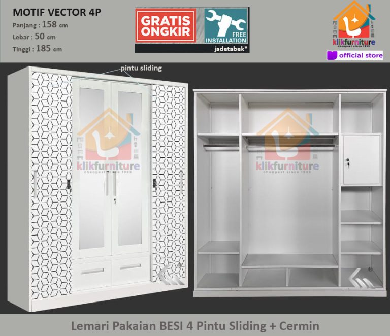 Lemari Pakaian Besi 4 Pintu Sliding Cermin VECTOR 4P + 2 Laci ...