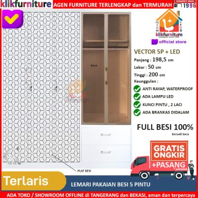 Lemari Pakaian Besi 5 Pintu + Laci VECTOR 5P with LED - Official Pusat ...